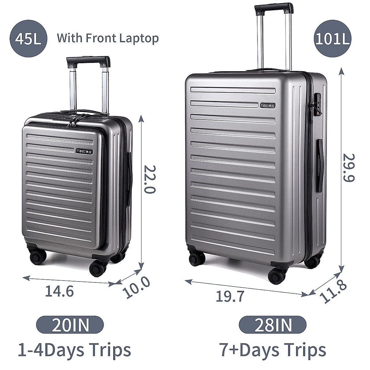TydeCkare 2 Piece 20/28" Luggage Sets, Only 20 Inch with Front Laptop Pocket, Lightweight ABS+PC Suitcase Hardshell Carry Ons with TSA Lock & Spinner Silent Wheels, Convenient for Trips, Gray