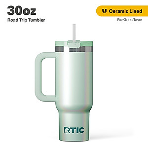 RTIC 30 oz Road Trip Tumbler Double-Walled Insulated Stainless Steel Portable Travel Coffee Mug Cup with Lid, Handle and Straw, Fresh Mint Glitter