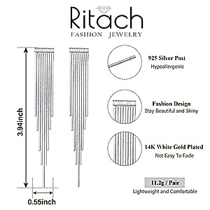 Ritach 925 Silver Tassel Earrings for Women Hypoallergenic Long Chain Dangle Statement Earrings for Prom Wedding