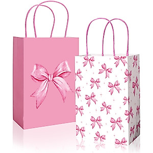 JarThenaAMCS 24Pcs Pink Bow Paper Gift Bags Cute Bow Knot Treat Bags with Handles Candy Goodie Bags Grocery Shopping Bags for Party Favor Supplies