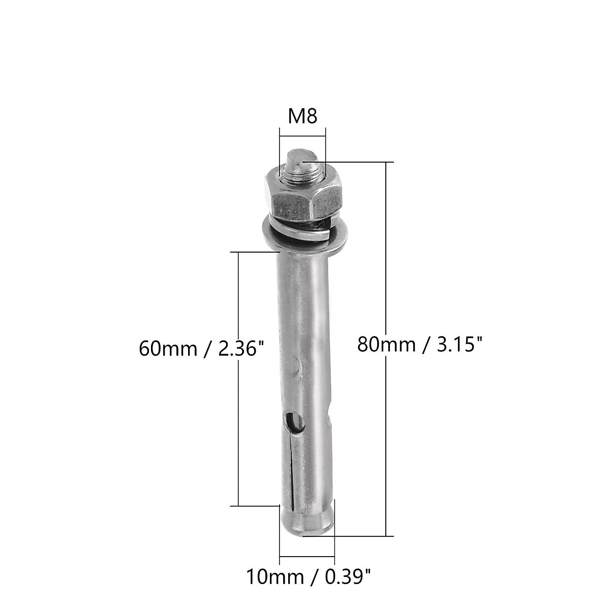 MroMax M8x80mm 304 Stainless Steel Expansion Bolts Hex Nuts Sleeve Anchor Fastener for Fence Home Installation Air Conditioning 4pcs
