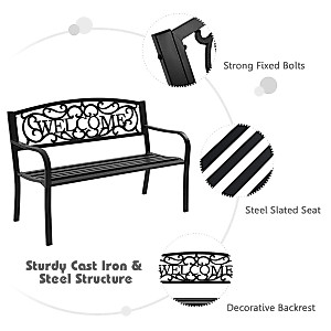 Giantex Garden Bench, Antique Metal Outside Bench w/Warm Welcome Pattern, Elegant Bronze Finish and Durable Iron Frame for Park Yard Porch Chair (Black)