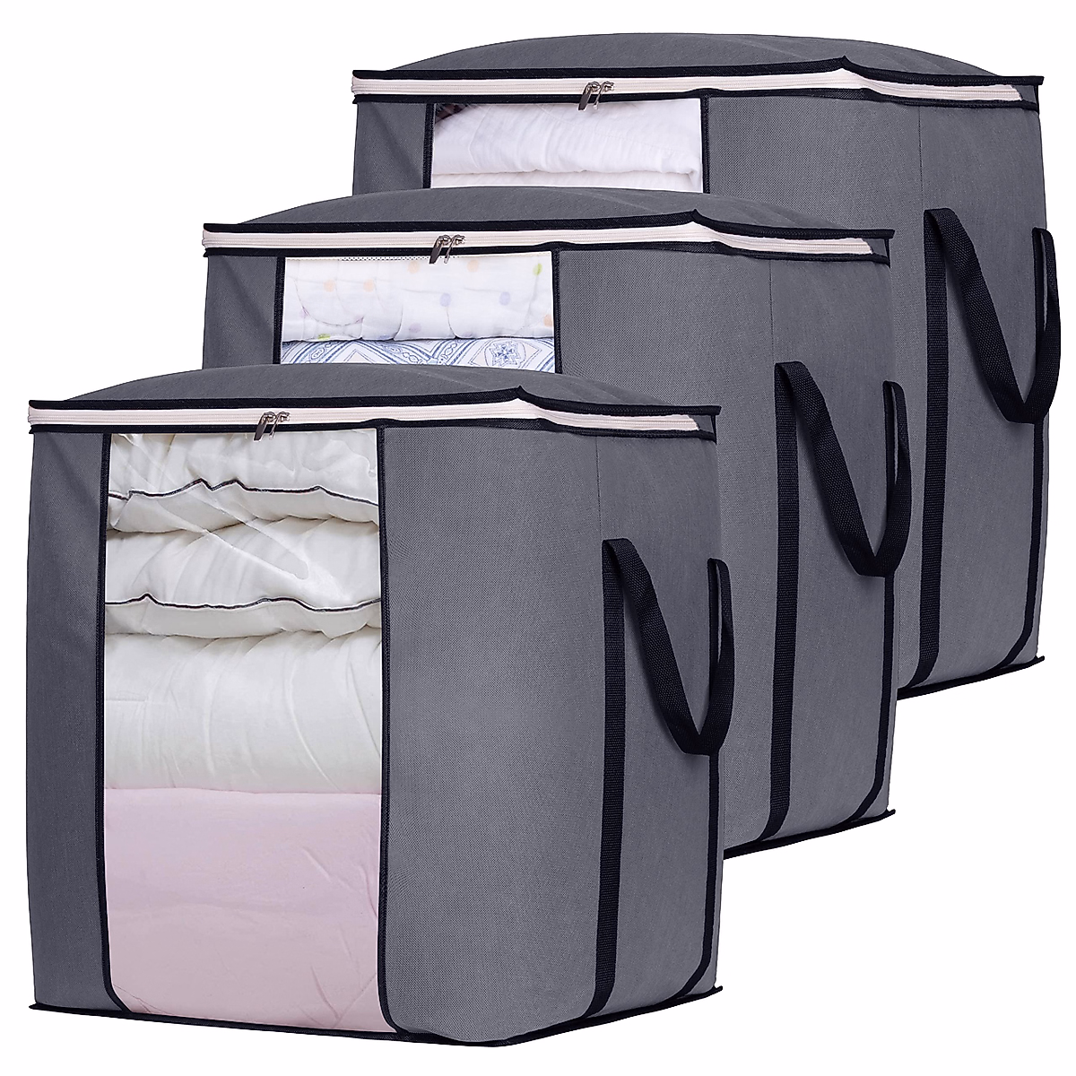 SLEEPING LAMB 120L Oversized Blanket Storage Bags Sturdy Fabric Clothes Storage Containers for King Comforter Bedding Pillow Sheet, Grey, 3 Packs