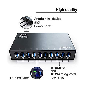 BrovSS: 10 Port Powered USB 3.0 Hub Aluminum - USB Hub Charger - Multiple Port Splitter Hub with 12V 5A 60W Power Adapter with USB Cable for Apple, Laptop, PC, USB Flash Drives, HDD Hard Drive (Black)
