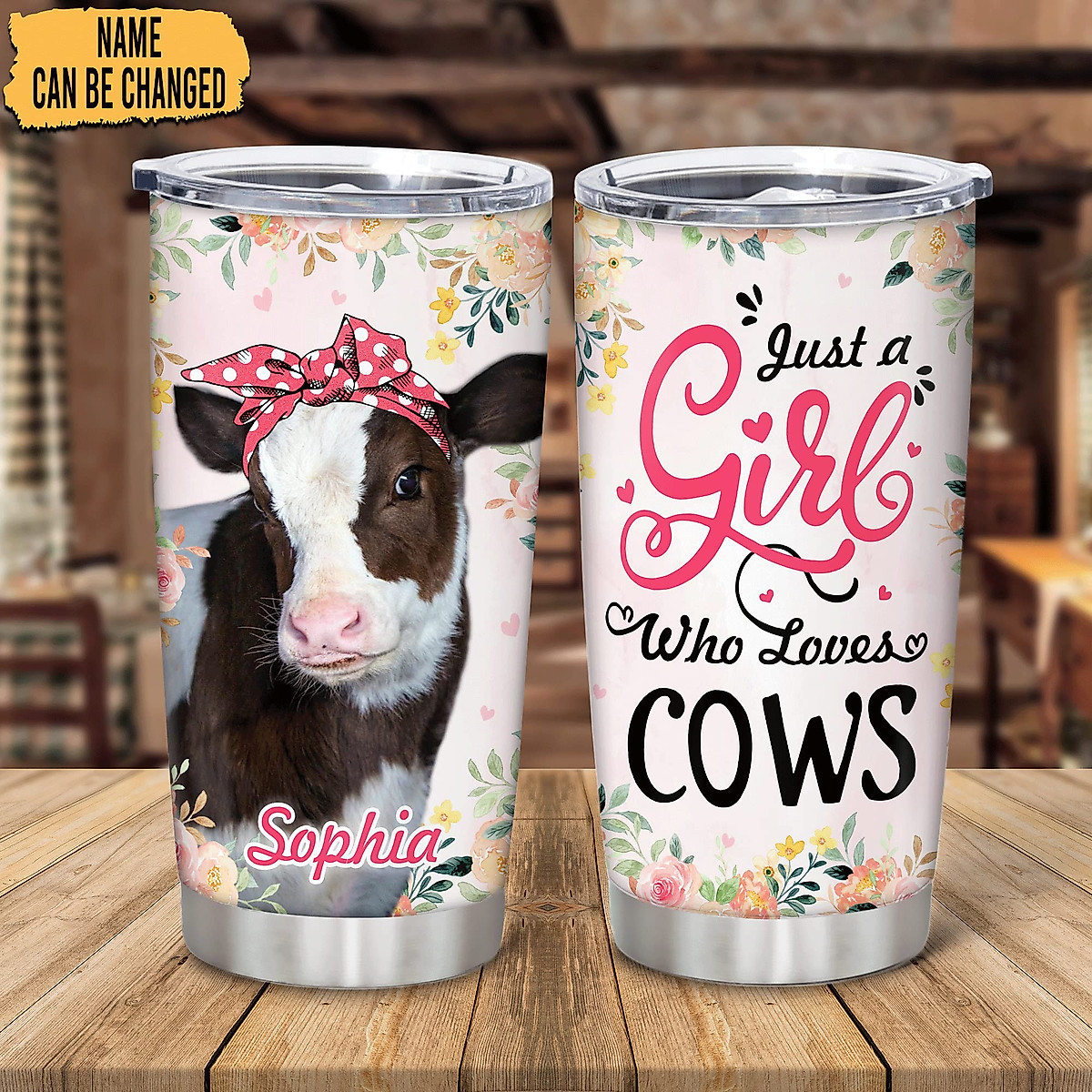 Hyturtle Personalized Gifts For Cow Lover - Birthday Christmas - Just A Girl Who Loves Cows Custom Name Stainless Steel Tumbler 20oz With Lid - Cow Heifer Lover Gifts For Her Women Girl Daughter