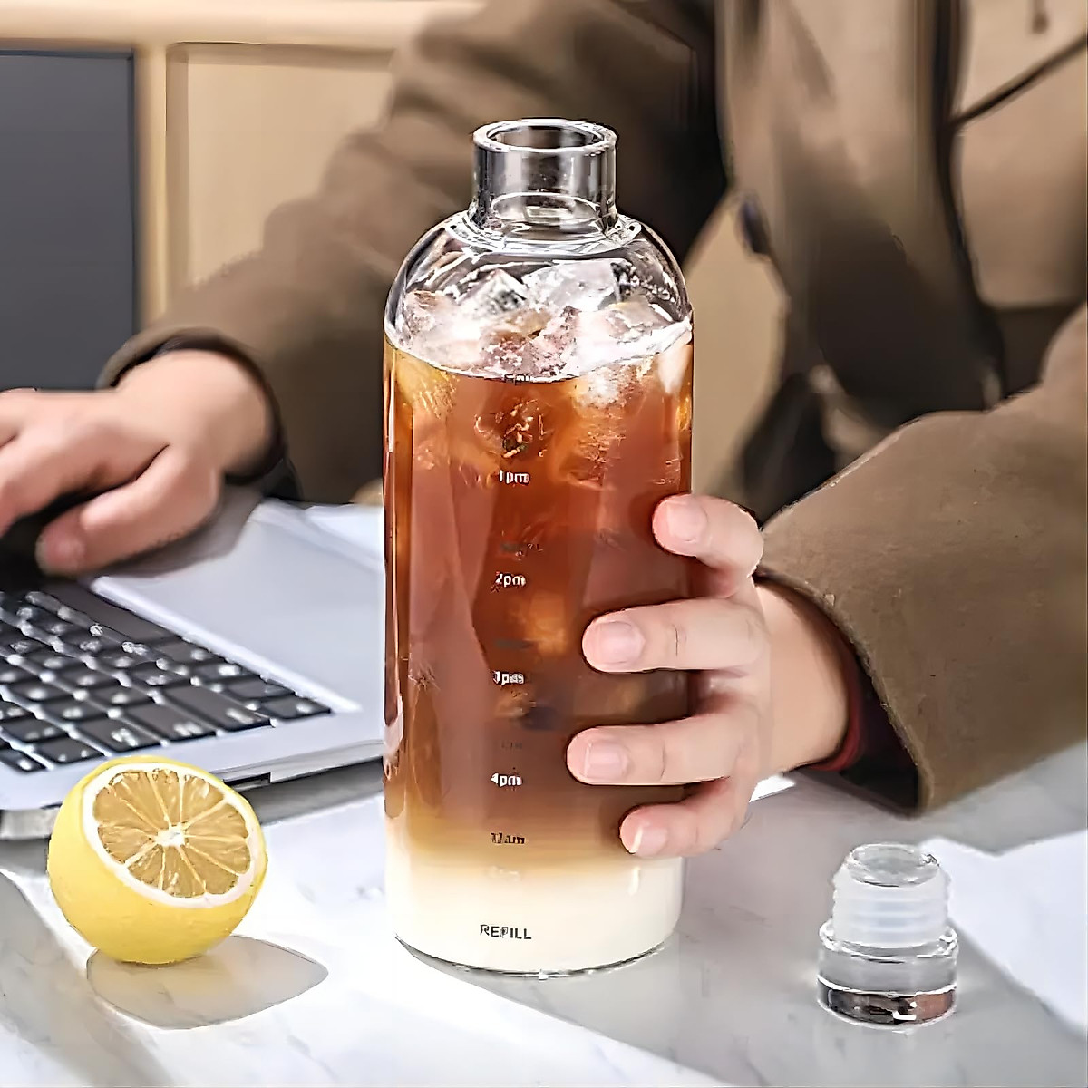 JZSMY Glass Ins Creative Girls Water Bottle Glass Cups High Sense Japanese Style Drinking Bottle Glass Scale Cups Milk Juice Cute Water Bottle with Time Scale (1Pcs 750ml Transparent)