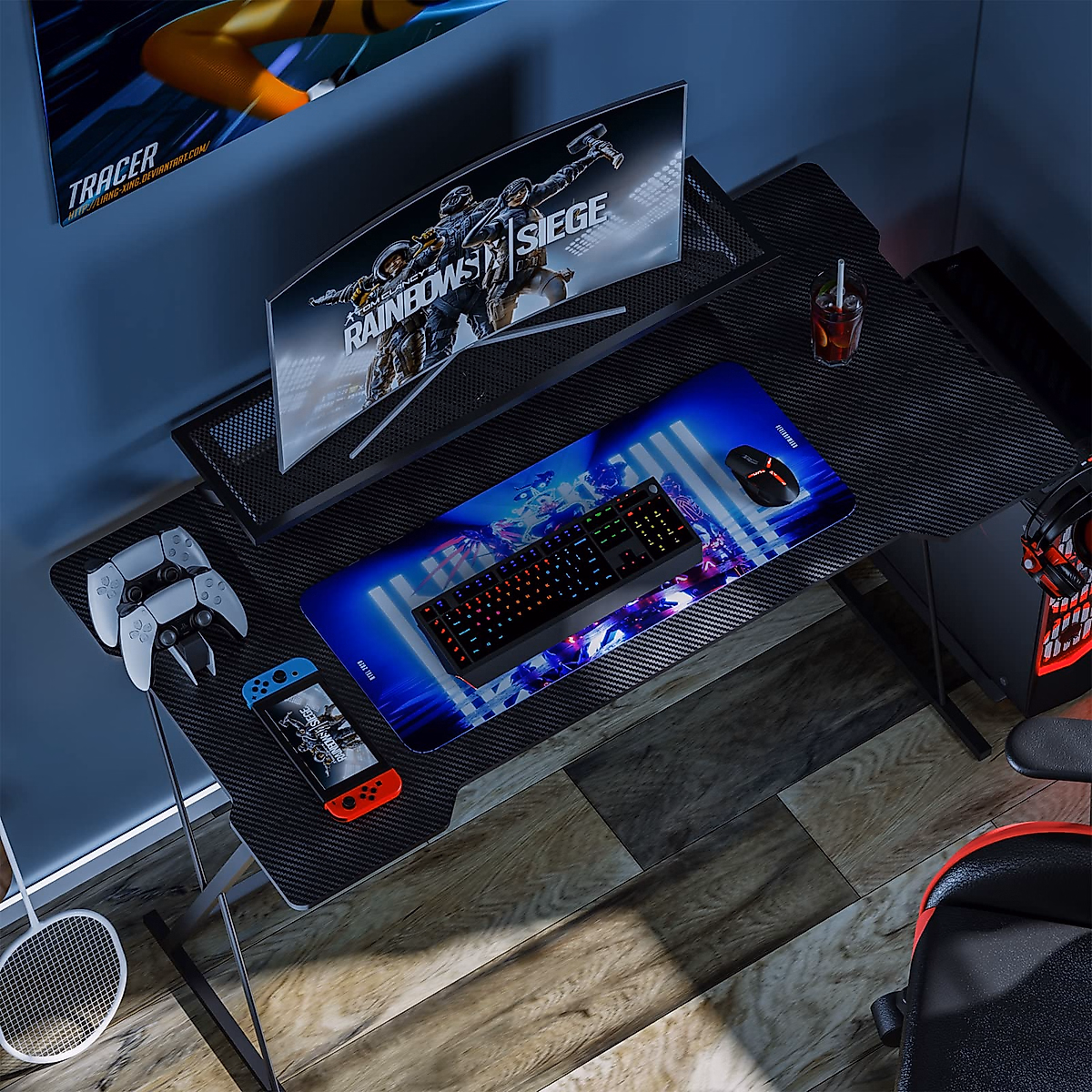 Bizzoelife Gaming Desk Home Office Table: 47Inch Z Shaped Home Office PC Computer Table, Gamer Workstation with Monitor Stand, Racing Style Game Tables with Cable Management Holes