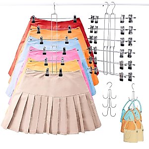 Tonswachic Pants Hangers with Clips - 6 Tiers Skirt Hangers - 3 Pack Pants Hangers Space Saving - Closet Organizer and Storage for Jeans Leggings Shorts (3 Pack with Extra One Purse Hanger Organizer)