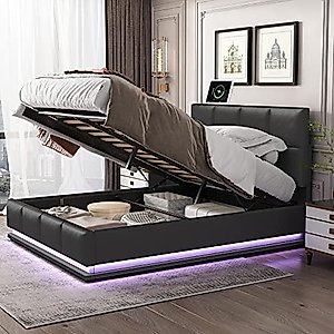 BIADNBZ Queen Size Lift Up Storage Bed, Modern Platform Bed with LED Lights and USB Charger, Tufted PU Upholstered Bedframe Headboard for Bedroom, Hydraulic Storage, No Box Spring Needed, Black