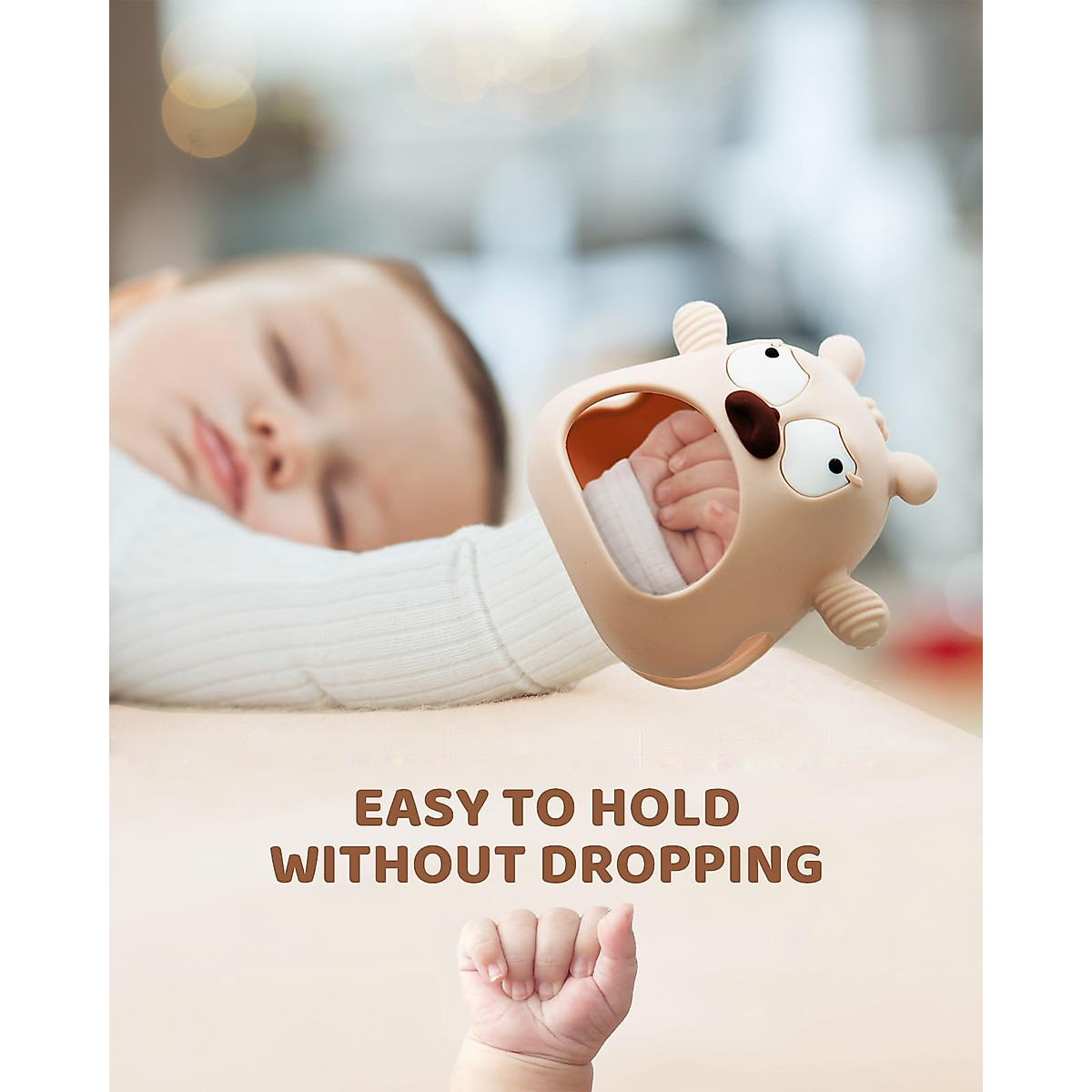 Baby Teething Toy Silicone Teething Mitten for Babies Over 3 Months Anti Dropping Wrist Hand Teethers Baby Chew Toys for Sucking Needs, BPA Free (Caramel)