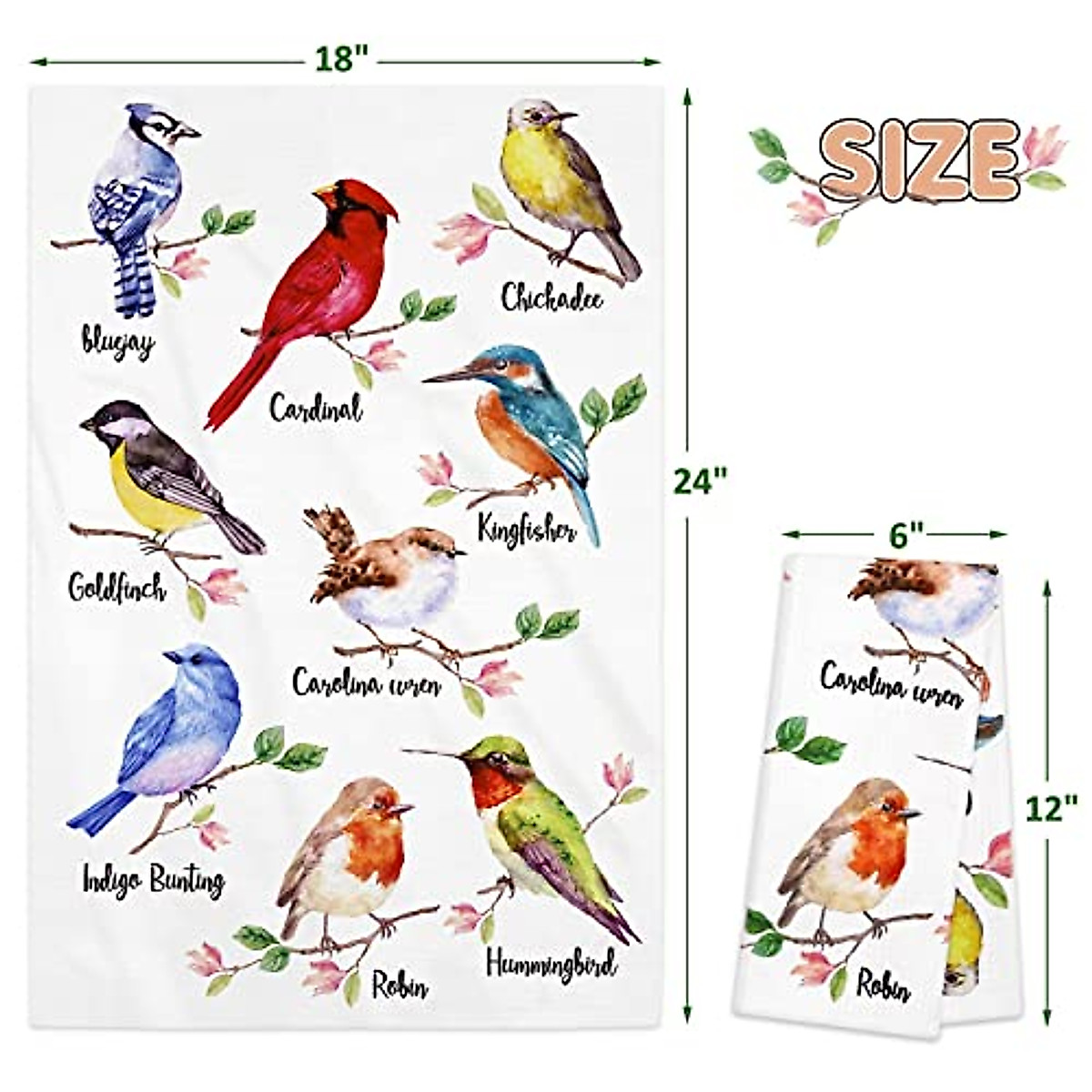 Vansolinne Birds Kitchen Towels Birds On Branch Dish Towels Set of 4 Cardinal Hummingbird Bluejay Summer Absorbent Hand Towels Tea Towels Gifts for Bird Lovers Women for Cleaning Drying Cooking Baking
