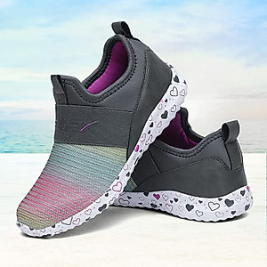 GEERX CARA Girls Slip On Athletic Sneaker Lightweight Sport Walking Running Tennis Shoe (Toddler/Little Kid/Big Kid) Grey Purple Rainbow Size 2