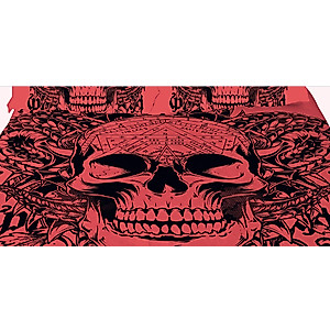 YSJANDFM Anole 3 Pcs Soft Luxury Youth 100% Polyester Shell Fully Reversible 3-Piece Modern Flower Skull Duvet Cover Set Queen Size Red No Comforter (Queen 3pcs)