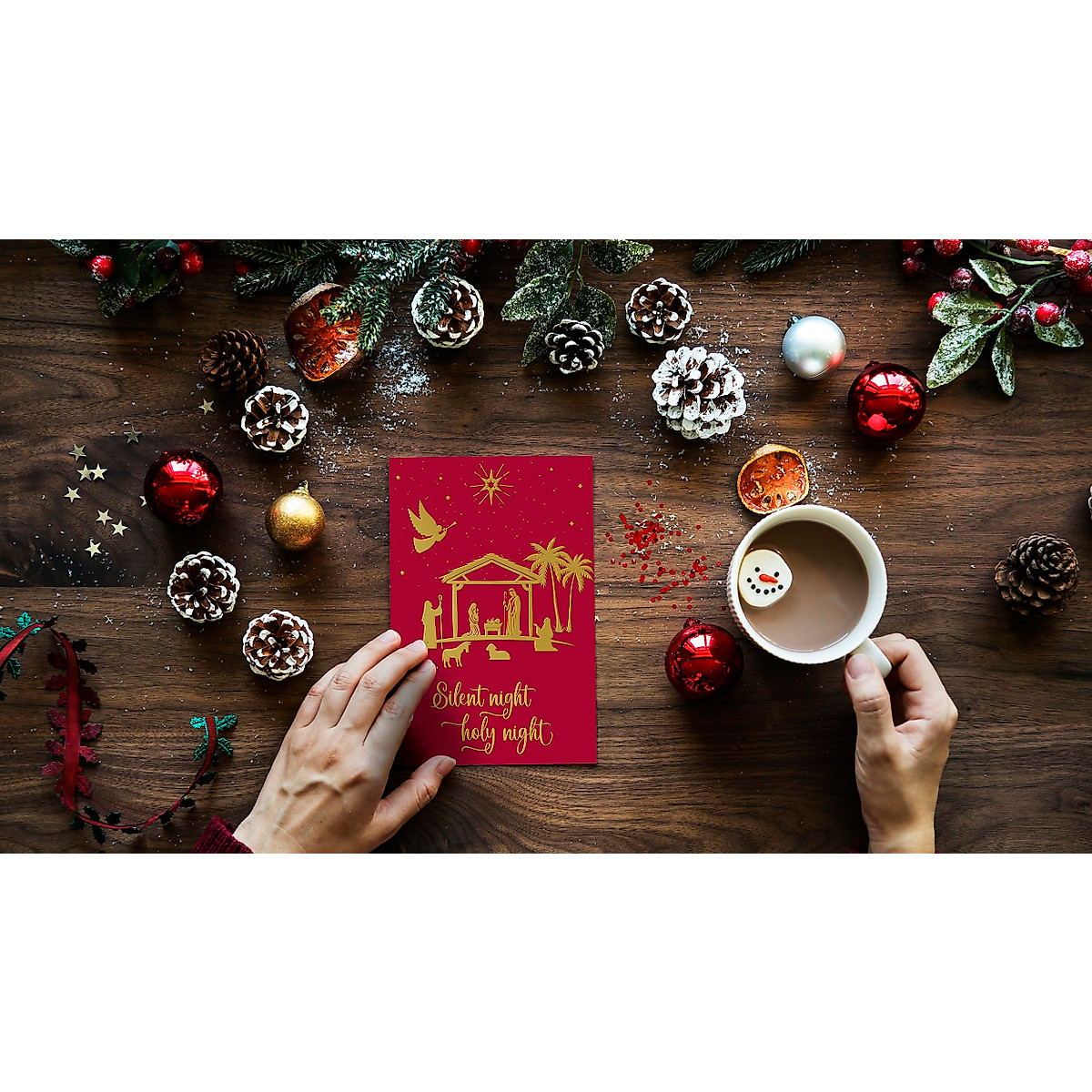 Better Office Products 50 Pack Religious Christmas Cards with Embossed Gold Foil Accents, 5" x 7", High Gloss, Gold Foil Interior Greeting, with 50 Envelopes, 50 Count Boxed Assortment