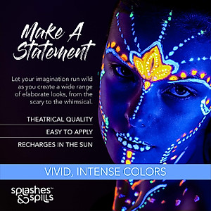 Water Activated UV Black Light Face and Body Paint - 6 Color Pack - Costume, Halloween and Club Makeup - Safe for all Skin Types - Easy On and Off - 18g Cakes - by Splashes & Spills