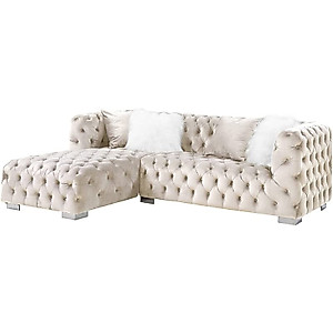 Acme Furniture Velvet Upholstered Sectional Sofa with 4 Pillows, Beige
