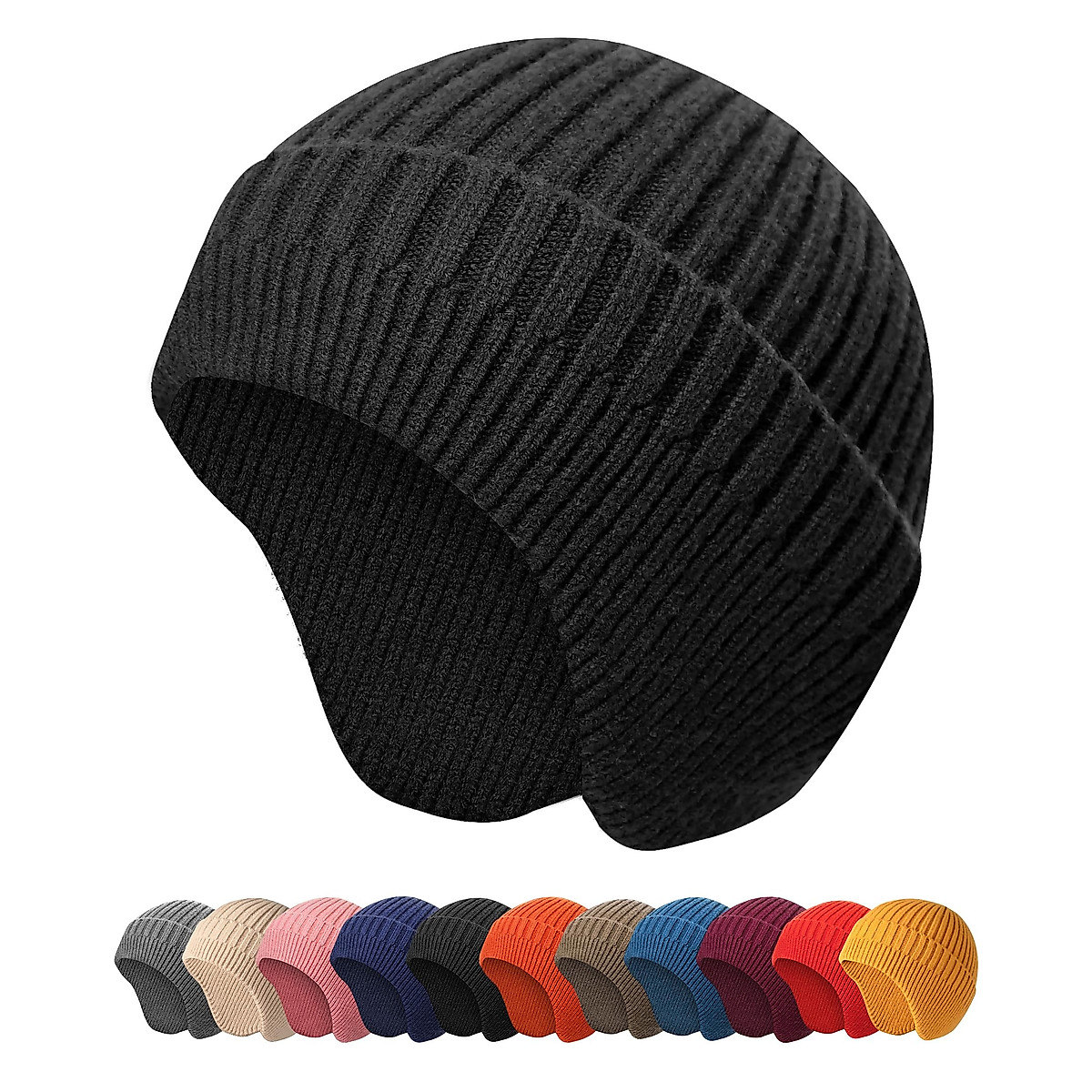 HiRui Knitted Beanie Hats Winter Hats Ear Covers for Men Women Kids Warm Slouchy (Black)