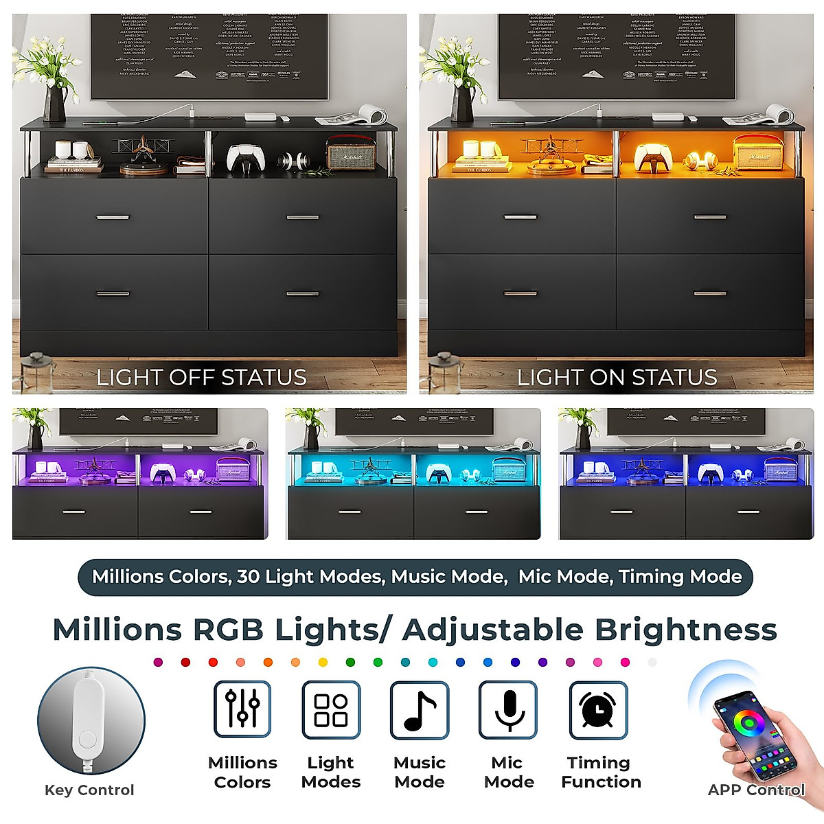 AOGLLATI Black Dresser for Bedroom with 4 Drawers,Dressers & Chests of Drawers with Column Design & Charging Station, Modern Bedroom Led Long Dresser for Bedroom Closet