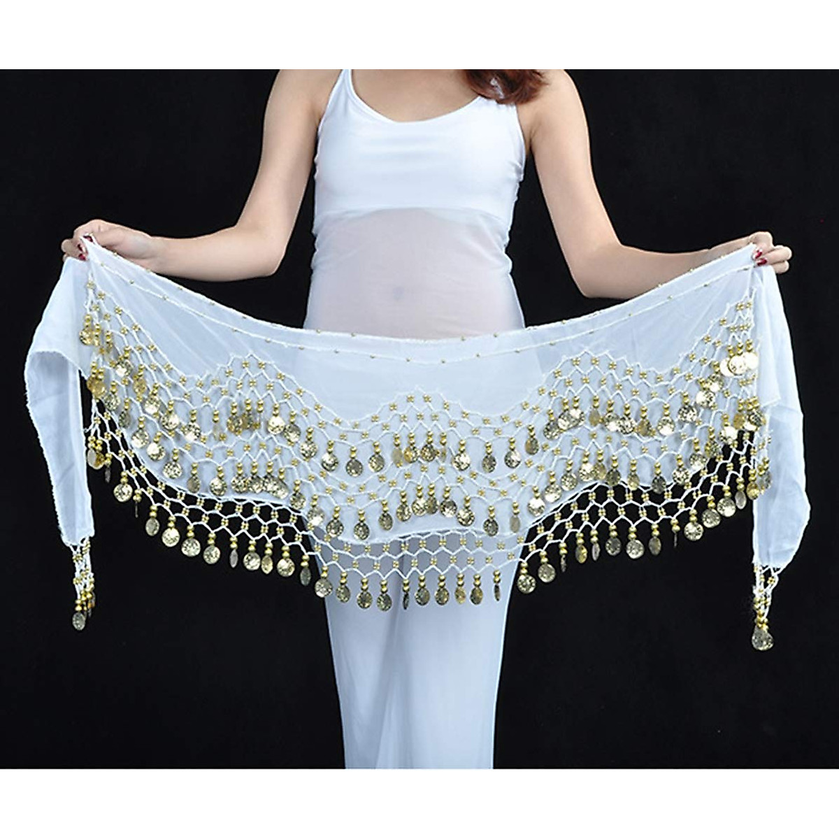 Lauthen.S 128 Coins Belly Dance Hip Scarf Tribal Belt Halloween Genie Costume Accessory White