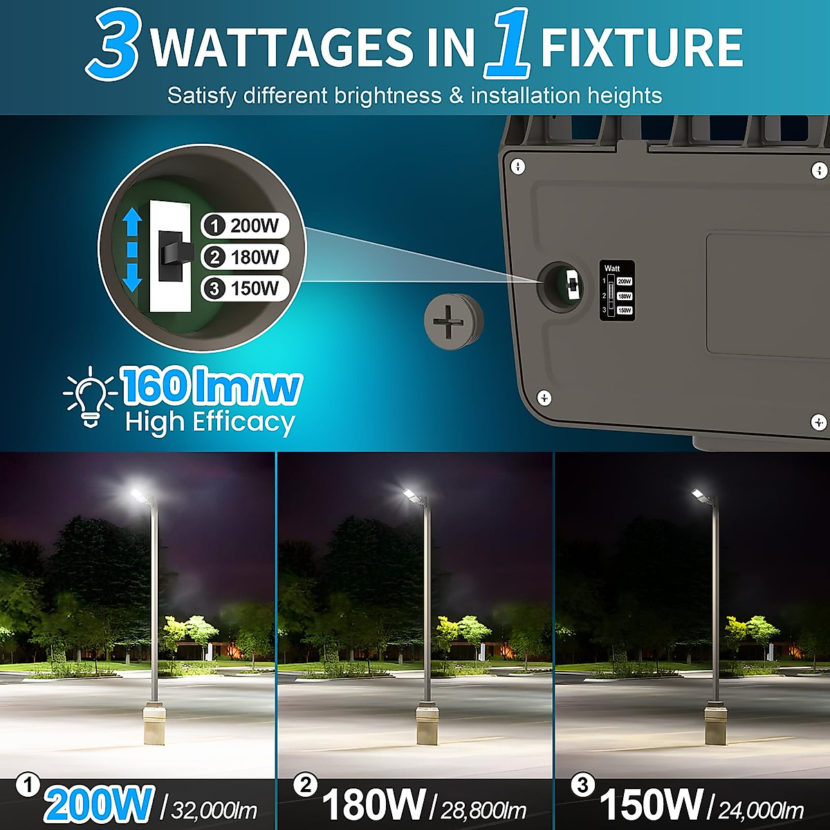 AKK LED Parking Lot light 200W 180W 150W Switchable, 32000LM 160LM/W 5000K LED Street Light, Dusk to Dawn Photocell LED Shoebox Light, Waterproof Commercial Area Lighting, Arm & Slip Fitter in 1 Mount