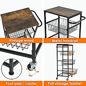 LEGUANG Kitchen Storage Rolling Cart on Wheels, 4 Tier Metal Rolling Utility Carts Microwave Rack with Wooden Tabletop for Kitchen Island, Bathroom, Living Room(Black)