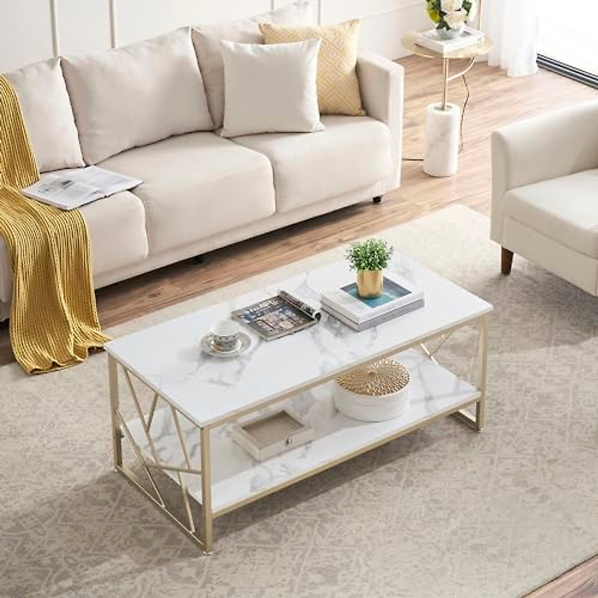 MKJLWO White Coffee Tables for Living Room, Square Marble Gold Coffee Table 2-Tier Storage Modern Center Table White Home Furniture Office Decor 43×21in