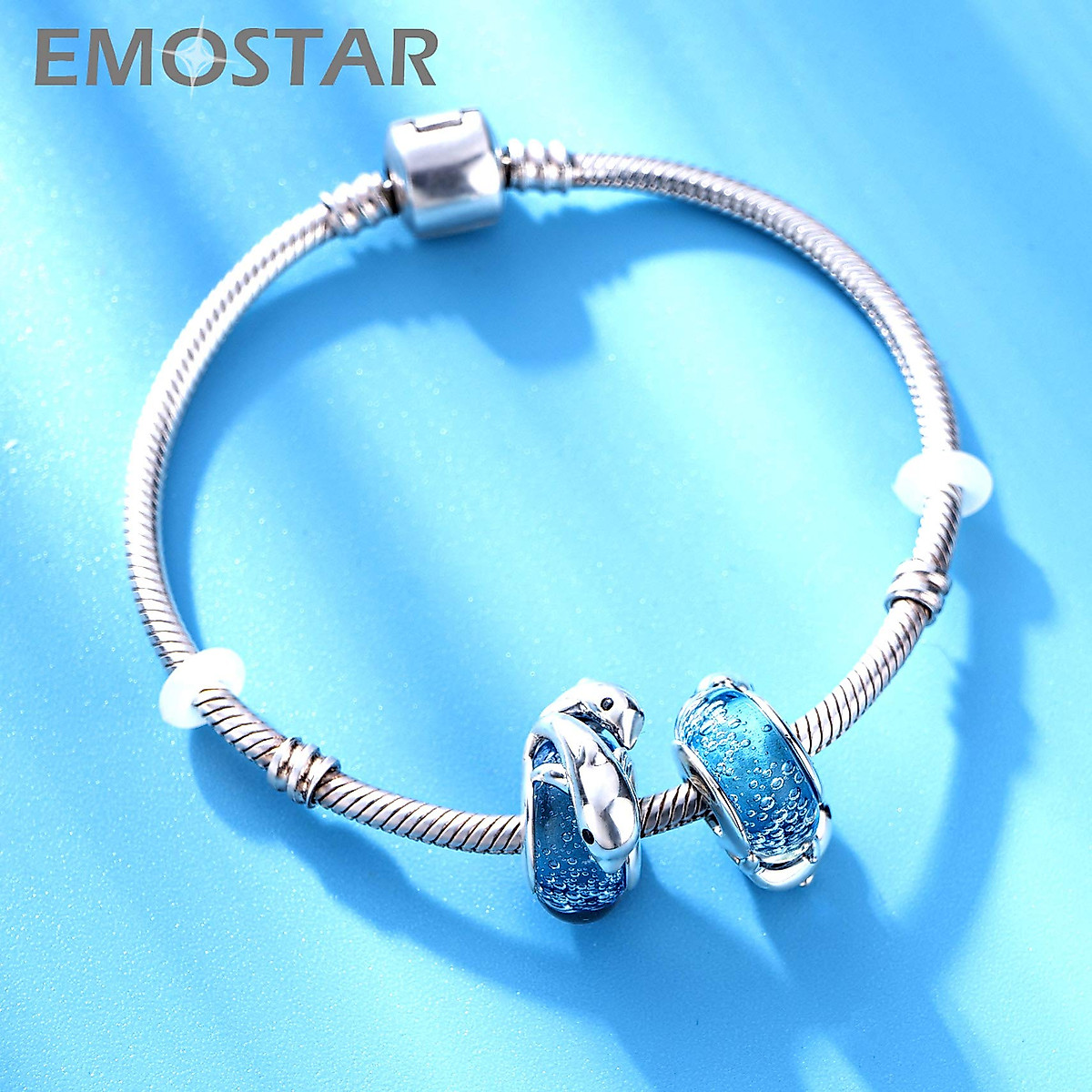 Mother/Child Dolphins Charms on Sea Blue Murano Glass Beads fit Pandora Mothers Day Bracelet, 925 Sterling Silver Playful Dolphine Beads Ocean Life Charm, Gift for Travel/Christmas