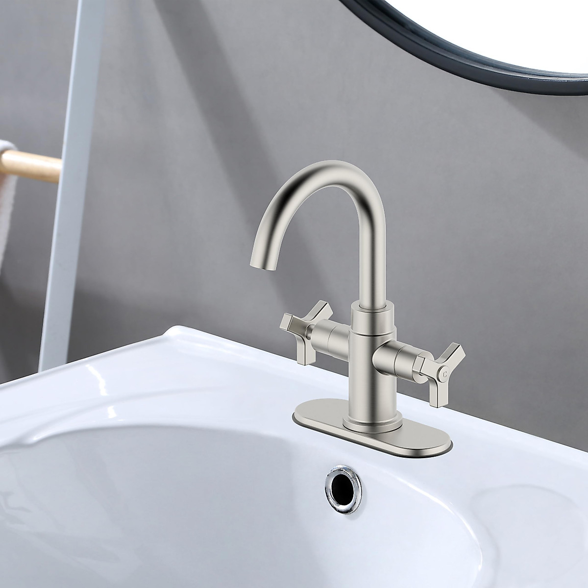Derengge Two-Handle Bathroom Sink Faucet with Deck Plate,1 Hole or 3 Hole Bathroom Faucet with Plastic Pop-Up Drain,Brushed Nickel PVD Finished,LF-T0081-BN