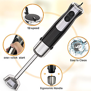 ZJRC Immersion Hand Blender, 1000w,12 Speed &Turbo Mode, 5-in-1 Copper Motor Immersion Blender,Stainless Steel Handhled Blender with 500ml Chopper,600ml Mixing Beaker,Milk Frother,Whisk (black)