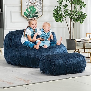 PEIHONGET Bean Bag Chair with Foot Rest,Plush Single Gaming Sofa Chair with Footstool,Lazy Round Recliner Chair Couch with Ottoman and Oversized High Back,for Bedroom,Living Room,Playroom (Navy)