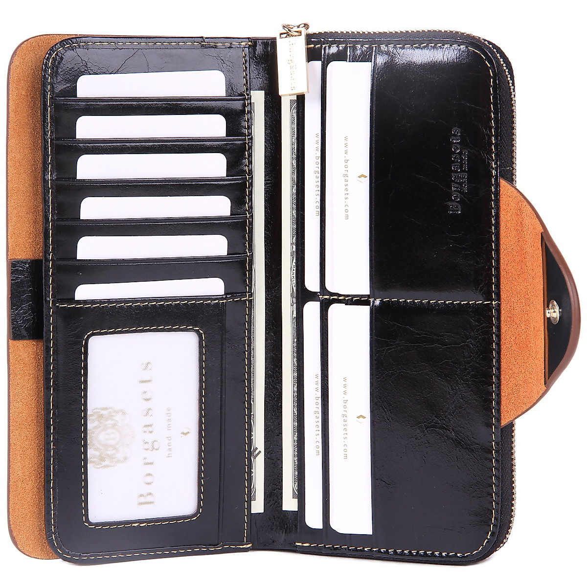 Borgasets RFID Blocking Large Capacity Wax Real Leather Clutch Wallet Card Holder Purse for Women, Black