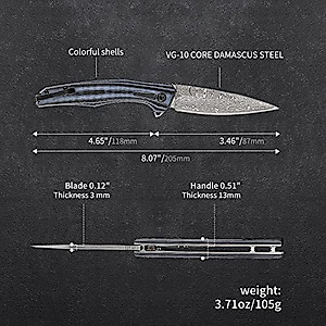 STANBIK EDC Damascus Pocket Knife With Sheath ,Black And Blue Handle with clip,3.46" Damascu Blade Folding Knife for Outdoor Survival Hunting Hiking Fishing Camping.