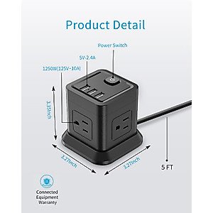 Power Strip with USB, FDTEK Flat Plug Extension Cord with 4 AC and 3 USB, 5 FT Power Cord Desktop Charging Station, Overload Protection, Compact Portable for Travel Home Office Cruise Ship - Black