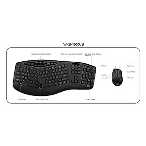 Adesso Truform Media 1600 (WKB-1600CB) 2.4GHz RF Wireless Ergonomic Keyboard and Optical Mouse , Multi-Media Keys and Adjustable DPI Mouse 5 Million Keystrokes Black