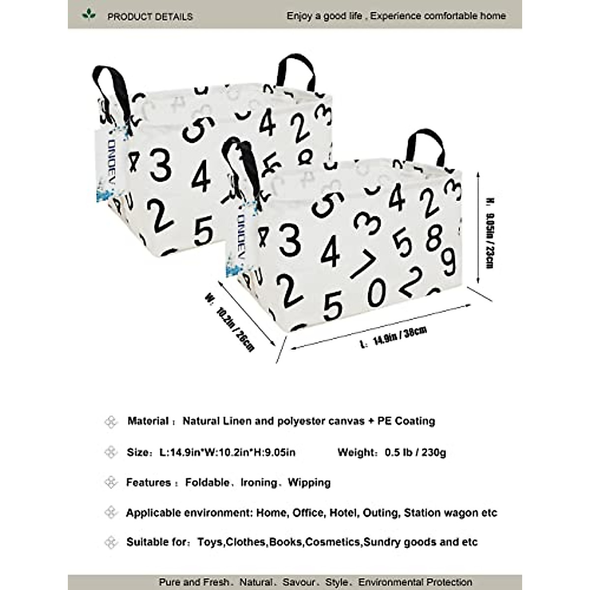 ONOEV 2 Pack Rectangular Fabric storage box,decorative basket and finishing basket with handle are used for the storage of clothes,books and sundries(2 Pack Black number)