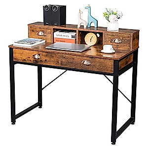 GIYZOKNI Computer Desk, Home Office Desks with 2 Small Drawers & 2 Large Drawers Computer Desk Black Steel Frame Particle Board for Study Desk for Home Office, Study Student Writing Desk-Vintage