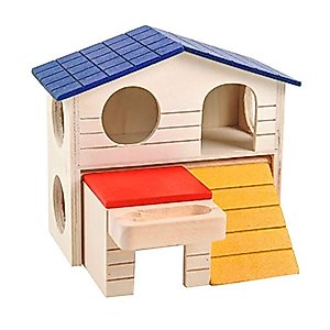 Floralby Double Layer Wooden Hamster House with Food Groove Mice Squirrel Hidden Play Villa Toy