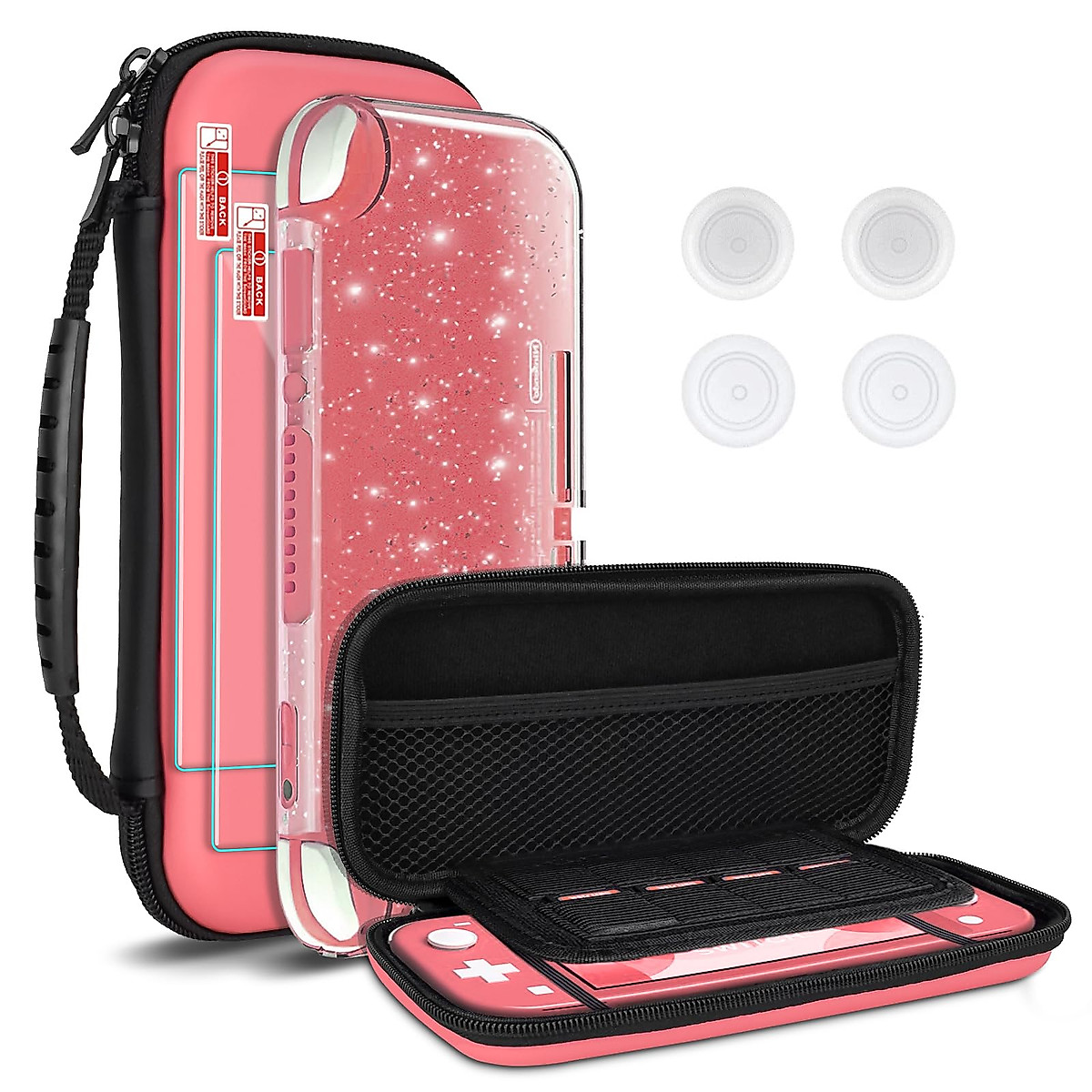 DLseego Carrying Case for Nintendo Switch lite, Newest Design Portable Travel Carrying Case 4 in 1 Accessories Kit with 1 Pcs Glitter case, 2 Pcs Screen Protectors and 4 PcsThumb Grips Caps -- Pink