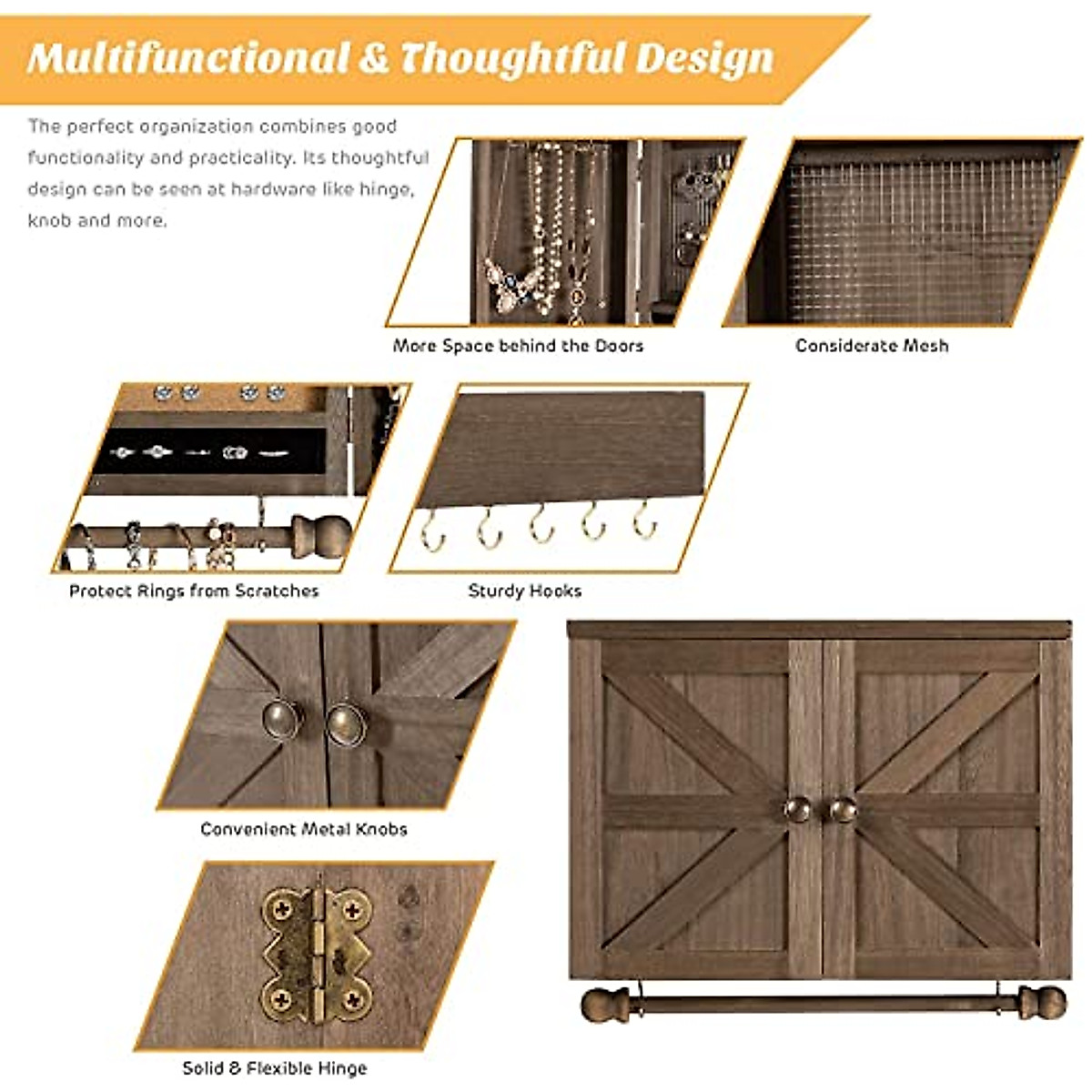 FANTASK Rustic Wall Mounted Jewelry Organizer Cabinet, Wooden Hanging Jewelry Holder Box w/Barndoor, Removable Bracelets Rod, Hooks Shelf, Removable Bracelet Rod & Hook Organizer for Hanging Jewelry