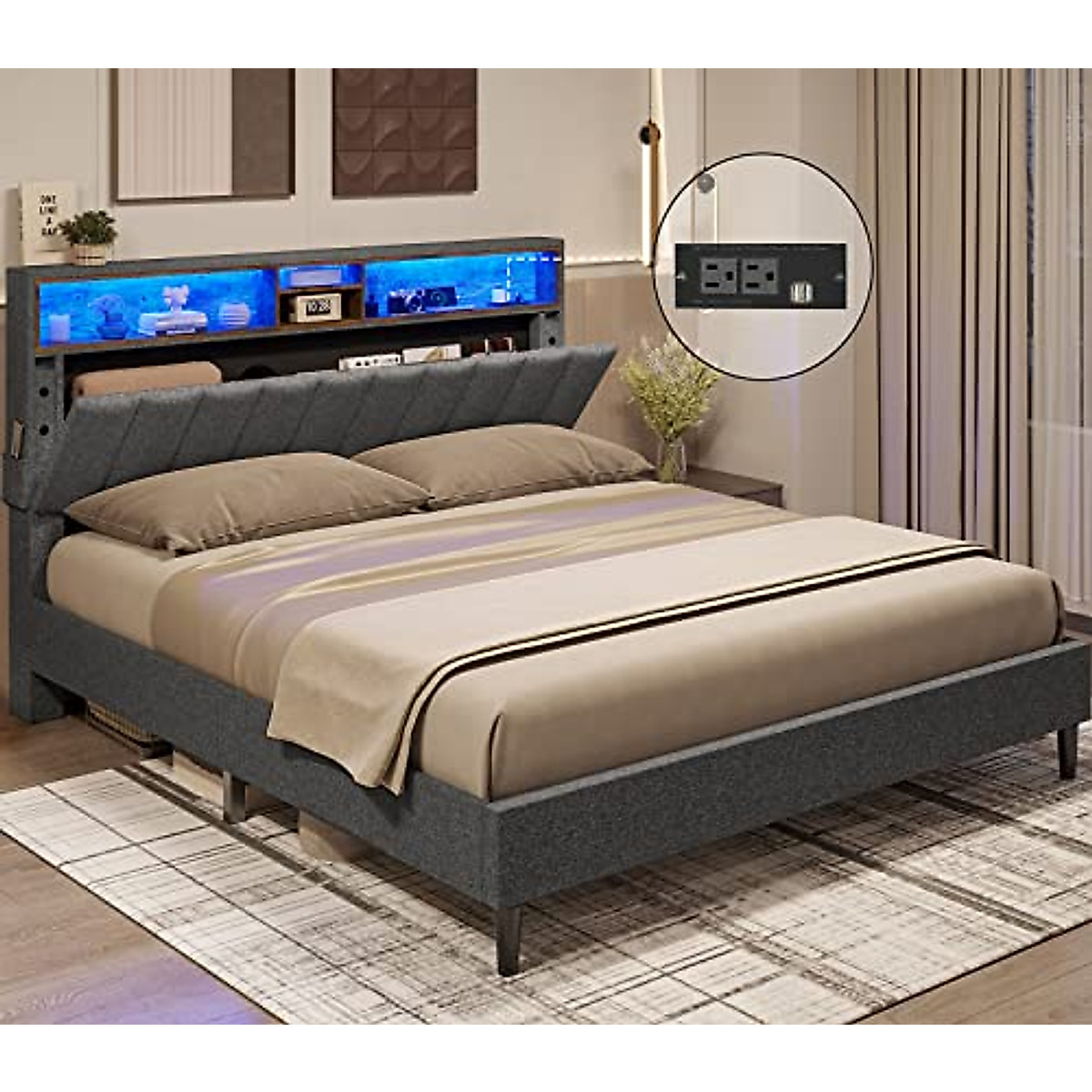 ADORNEVE Queen LED Bed Frame with Outlet and USB Ports, Queen Bed Frame with Storage Headboard, Modern Platform Bed with Storage & LED Lights, No Box Spring Needed, Easy Assembly, Dark Grey