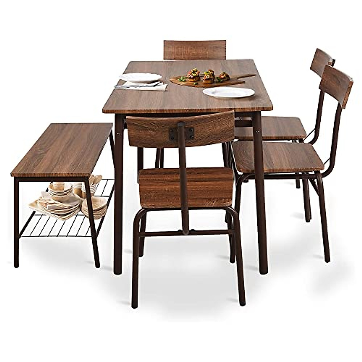 JOMEED 6 Piece Industrial Style Stainless Metal Frame Kitchen Dining Room Table, Chairs, & Bench Furniture Set with Storage, Brown