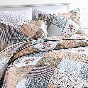 HoneiLife Quilt Set King Size - 3 Piece Microfiber Quilts Reversible Bedspreads Patchwork Coverlets Floral Bedding Set All Season Quilts-Mocha Rose,King Size