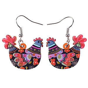 Acrylic Drop Hen Chicken Earrings Funny Farm Design Lovely Gift For Girls Women By The Bonsny (Red)