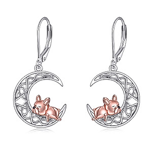 VONALA French Bulldog Dangle Earrings 925 Sterling Silver Celtic Knot Moon Leverback Earrings Dog Jewelry Birthday Gifts for Women