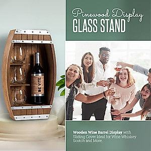 Wooden Wine Barrel Display - Pinewood Display Case with Sliding Cover Ideal for Wine Whiskey Scotch & More - 3 Built-In Shelves for Stemless Wine or Rocks Glasses, A Gift for Wedding or Any Occasion
