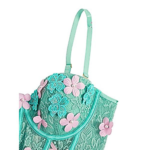 WDIRARA Women's Floral Lace Embroidered Push Up Garter Lingerie Set with Stockings Green M