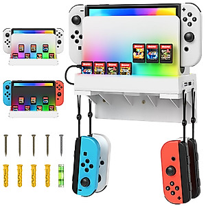 Switch Wall Mount for Nintendo Switch and Switch OLED,Games Console Wall Shelf with Light,Station Stand Holder for Charging Dock,7 Game Card Slots,4 Controller Accessories Kit Storage for Joy Con