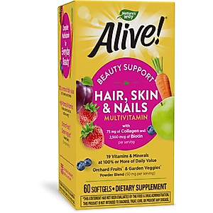 Nature's Way Alive! Hair, Skin & Nails Multivitamin with Biotin and Collagen, 60 Softgels