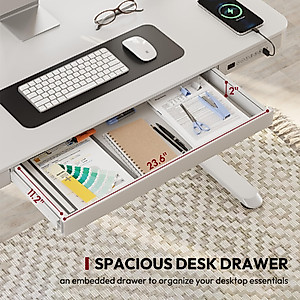 SANODESK Standing Desk with Drawer, Electric Height Adjustable Home Office Desk with Storage & USB Ports, 48 inch White Wood Tabletop/White Frame