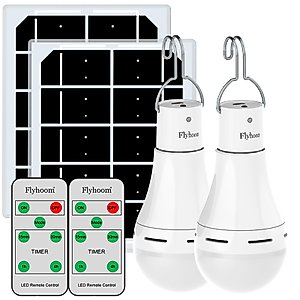 Flyhoom Portable Solar Light Bulbs with Remote, 4 Light Modes + Timer, 180LM Solar LED Light Bulbs for Indoor, Home, Chicken Coop, Camping, Hiking, Emergency (Pack of 2)